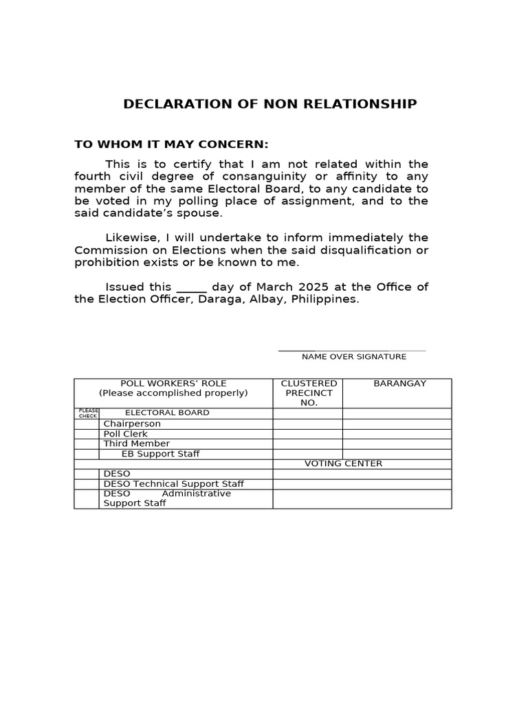 Declaration of Non Relationship | PDF