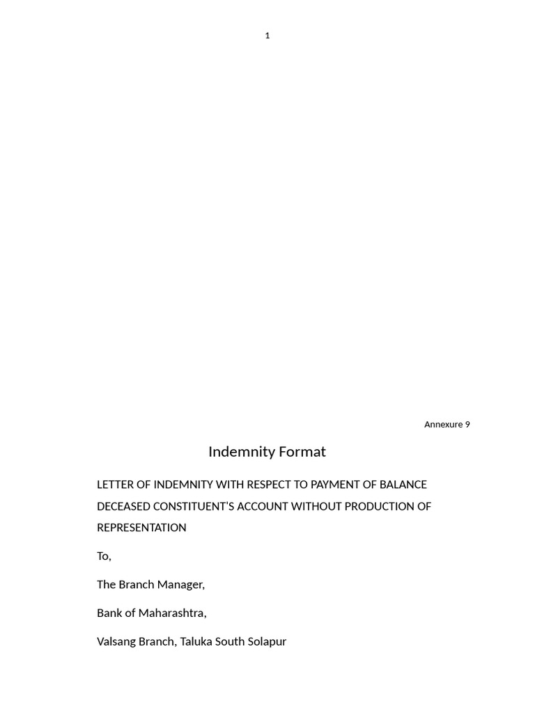 Indemnity Format for Deceased Claims | PDF | Indemnity | Civil Law (Legal System)