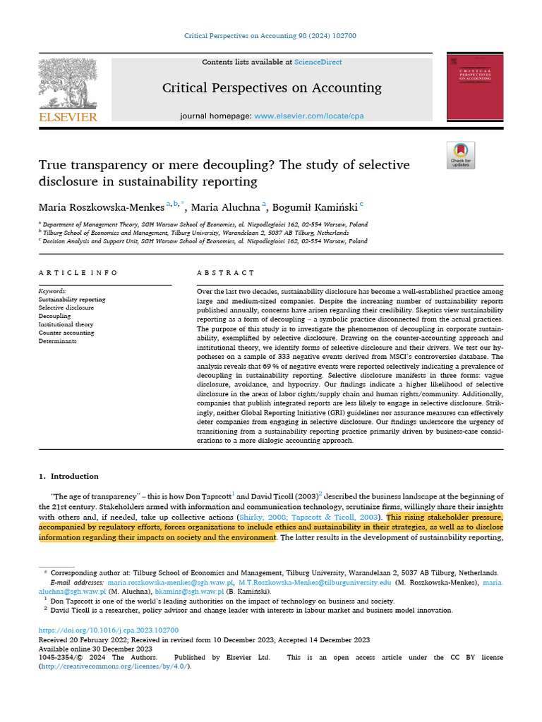 Roszkowska Menkes Et Al 2024 Transparency or Decoupling | PDF | Sustainability | Corporate ...