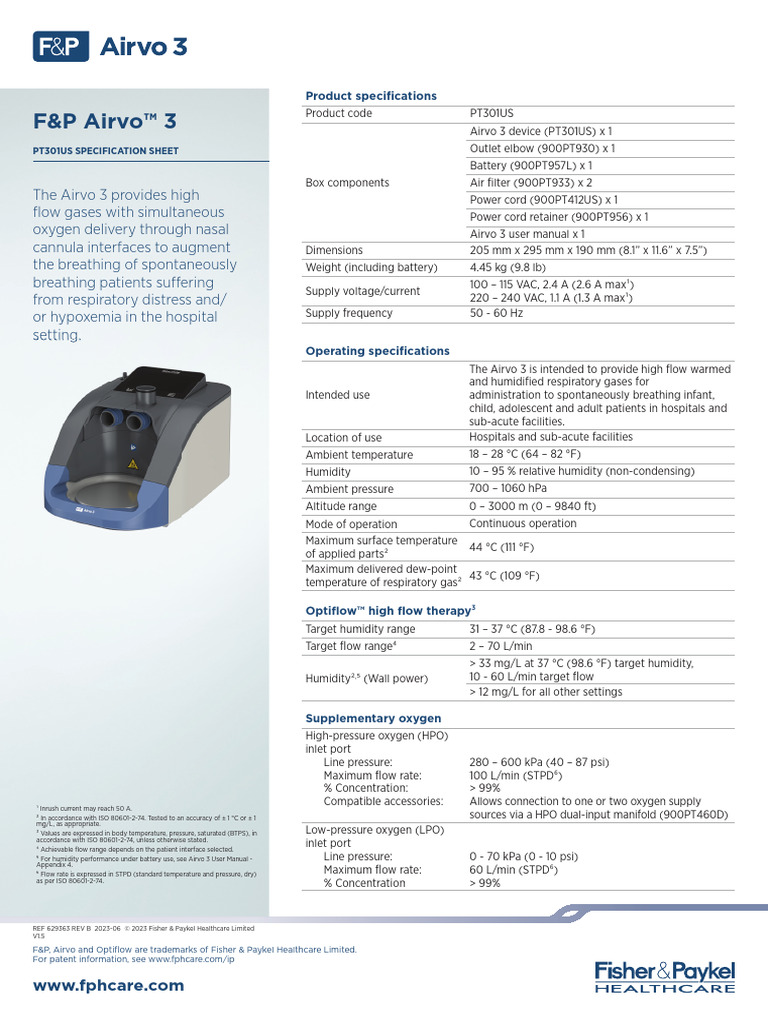 Airvo 3 Sui Spec Sheet Usa 629363 B | PDF | Humidity | Breathing