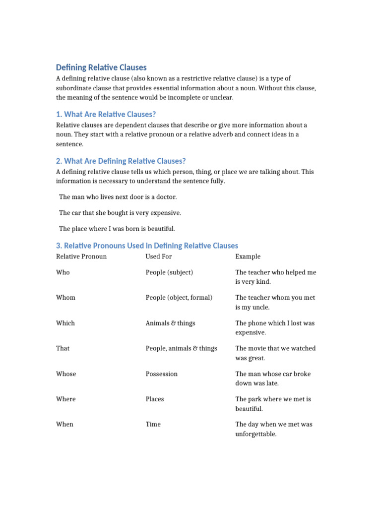 Defining Relative Clauses Detailed | PDF | Syntax | Linguistics