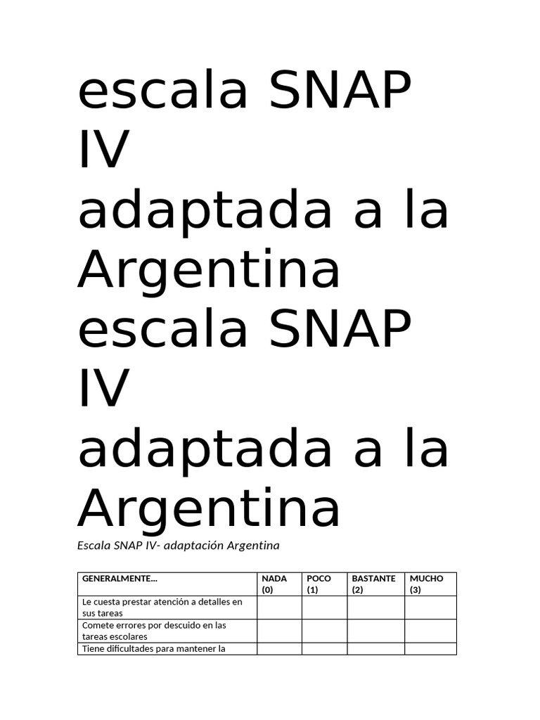 escala SNAP IV Y EDAH -cuestionarios para imprimir | PDF