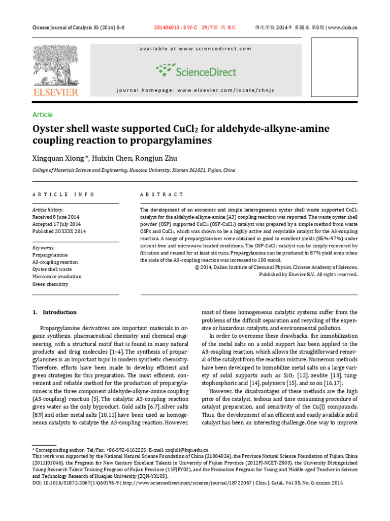 Oyster Shell Waste Supported CuCl2 For Aldehyde-Alkyne-Amine Coupling ...