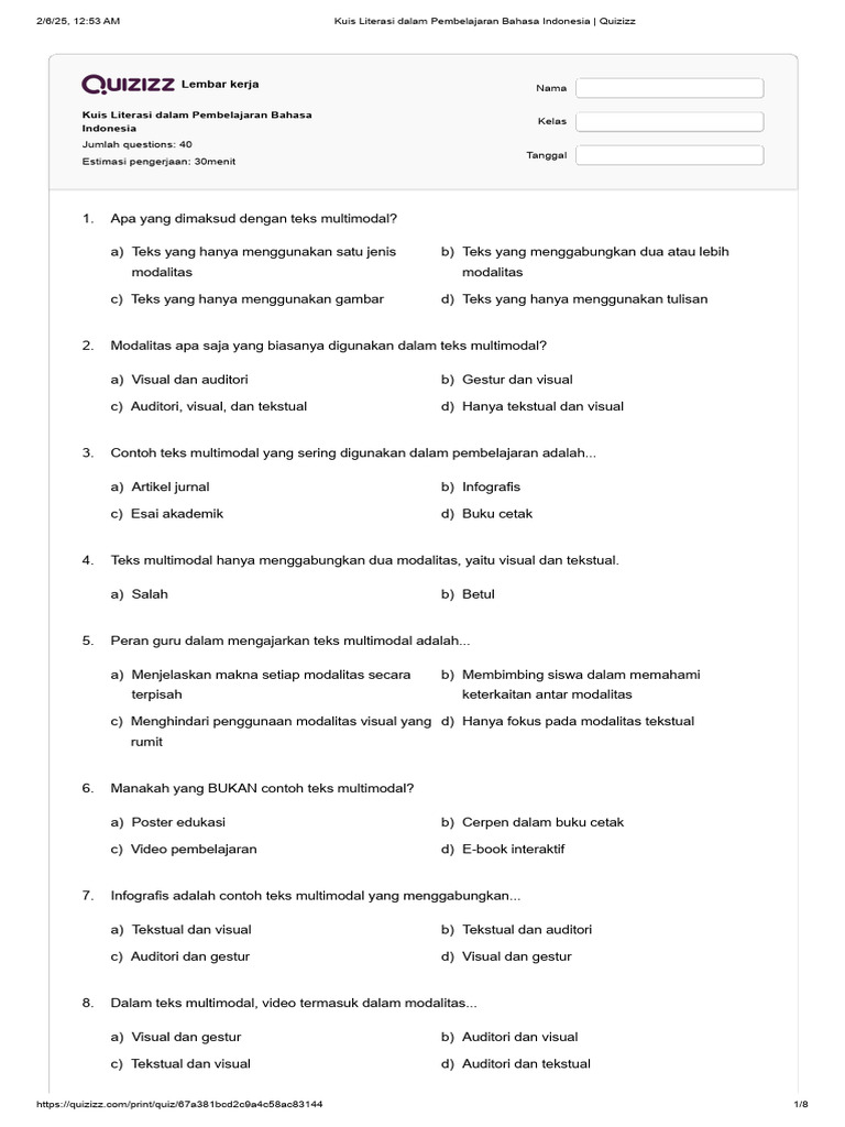 Kuis Literasi Teks Multimodal Bahasa Indonesia | PDF