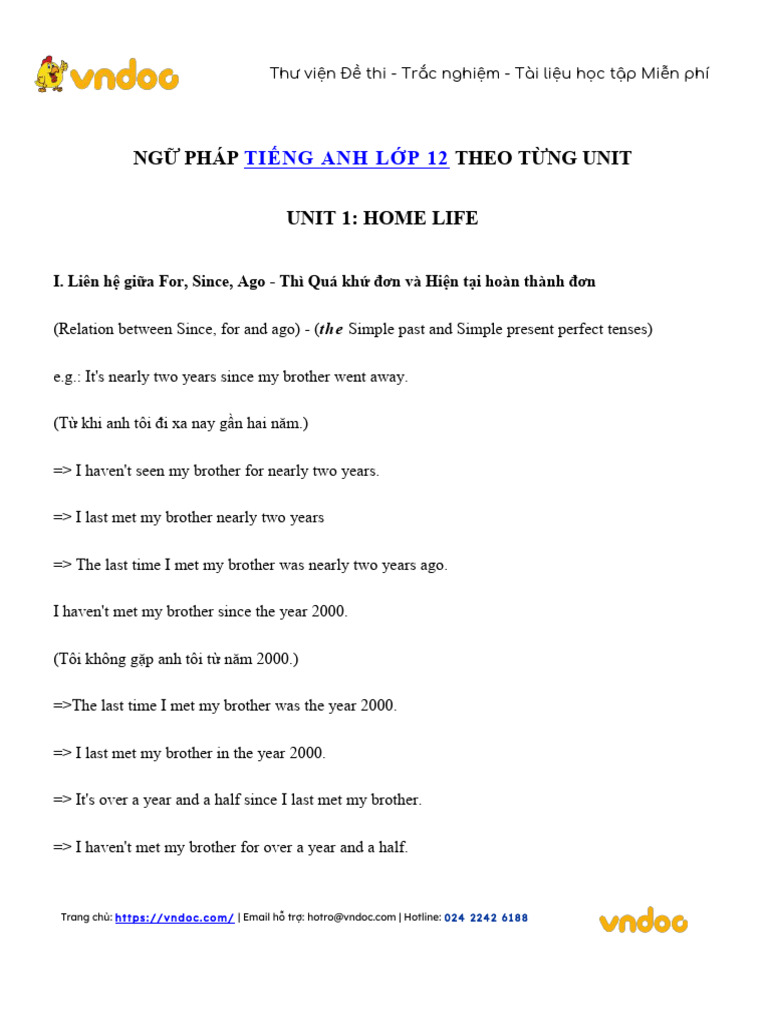 Ngu Phap Tieng Anh Lop 12 Unit 1 Home Life | PDF