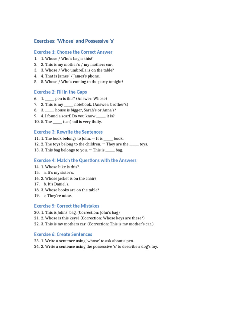 Whose and Possessive S Exercises | PDF