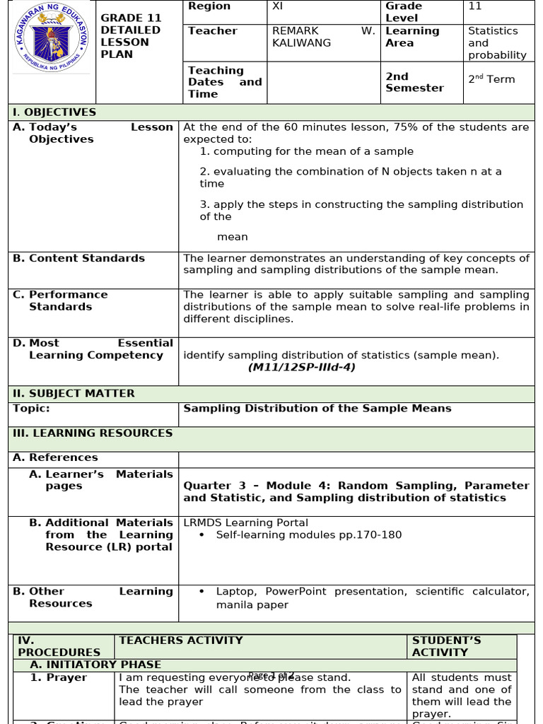 Grade 11 Lesson Plan: Sampling Distribution | PDF | Sampling ...