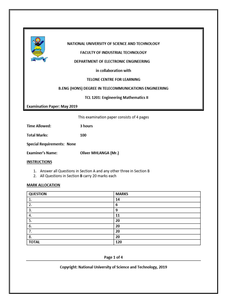 TCFL - NUST Engineering Mathematics 2 Exam Paper May 2019 PDF | PDF