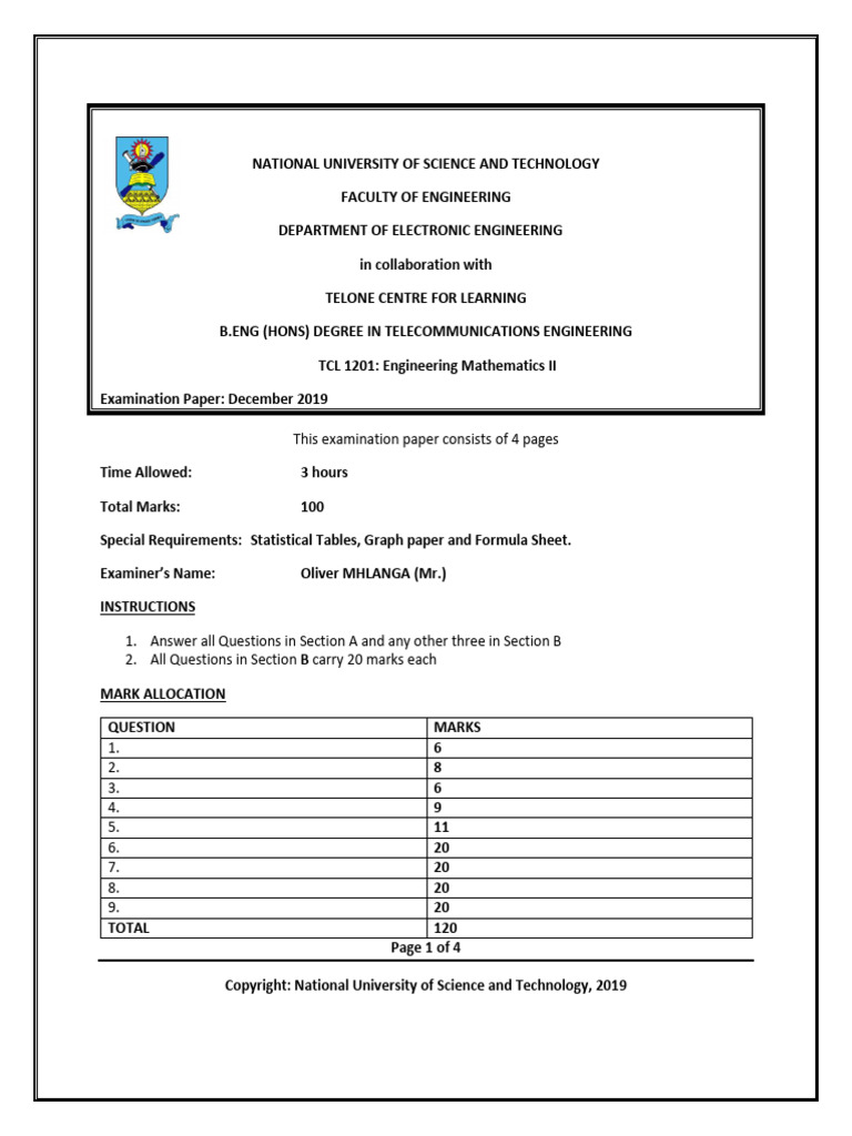 TCFL - NUST Engineering Mathematics 2 Exam Paper Dec 2019 PDF | PDF ...