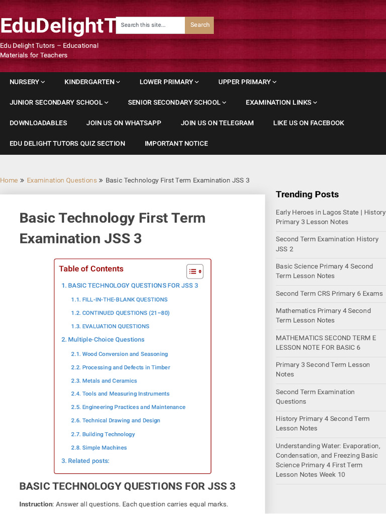 Edudelightt: Basic Technology First Term Examination Jss 3 | PDF | Lever | Wood