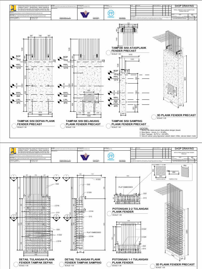 Dimensi dan Detail Plank Fender Precast | PDF