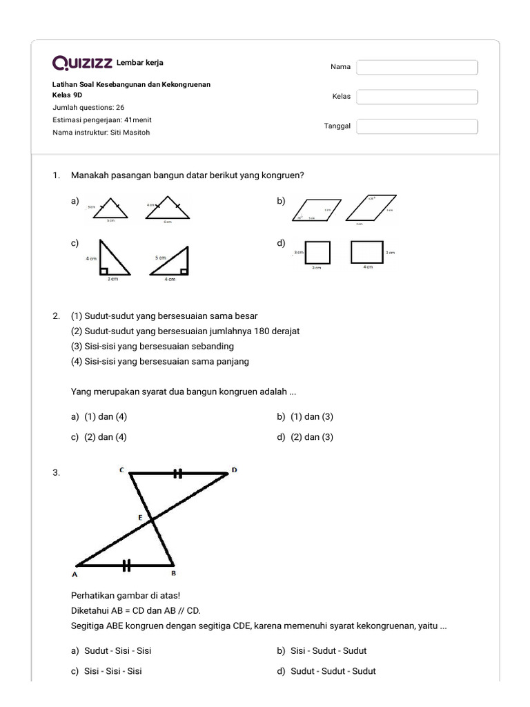 Latihan Soal Kesebangunan Dan Kekongruenan Kelas 9D - Quizizz | PDF