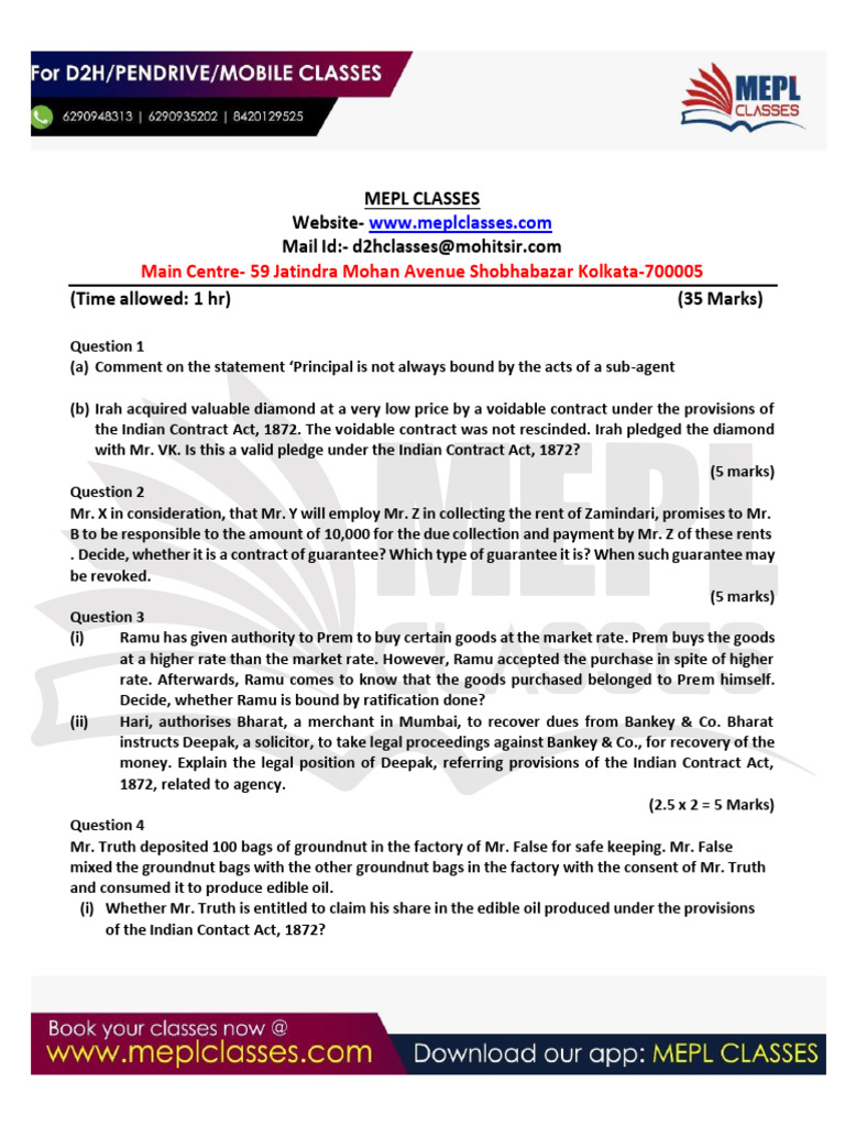 Indian Contract Act Question Paper. | PDF | Private Law | Business Law