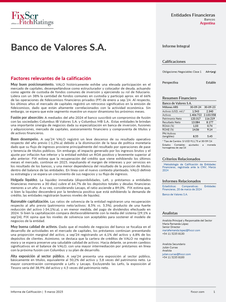 Informe Calificación Clase 1 VALO 5mar25 | PDF | Bancos | Bolsa
