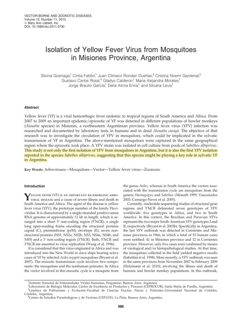 Isolation of Yellow Fever Virus From Mosquitoes | PDF | Yellow Fever ...