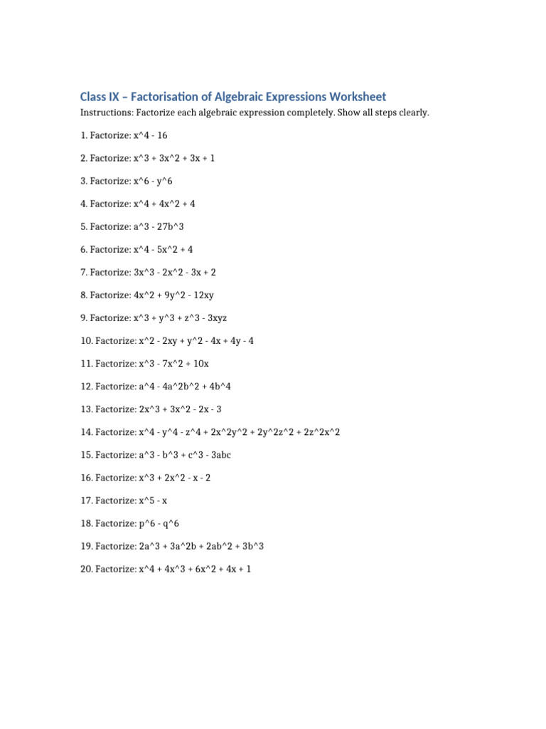 Factorisation Algebraic Expressions Worksheet | PDF
