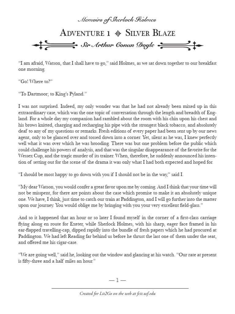 The Memoirs of Sherlock Holmes 001 Adventure 1 Silver Blaze | PDF | The ...