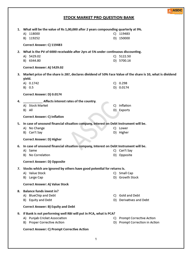 Stock Market Pro Question Bank | PDF | Bonds (Finance) | Stocks
