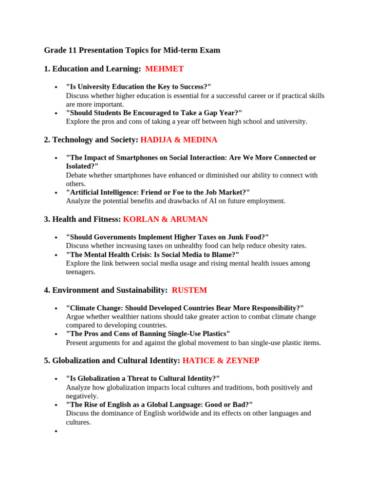 Grade 11 Mid-term Presentation Topics | PDF | Public Opinion ...