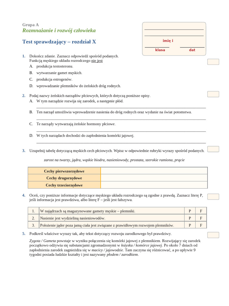 Test Po Dziale 10 Rozmnazanie I Rozwoj Czlowieka | PDF