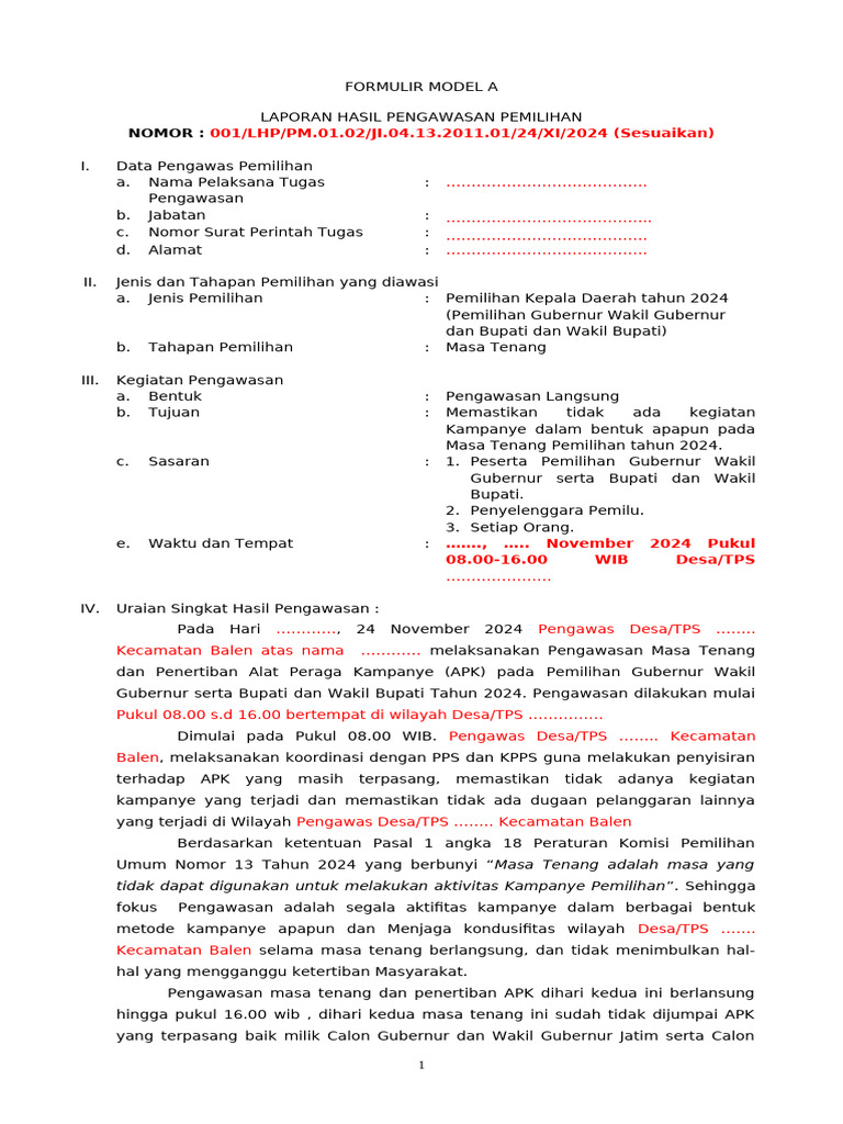 Template Form A PTPS Masa Tenang TGL 25 November 2024 | PDF