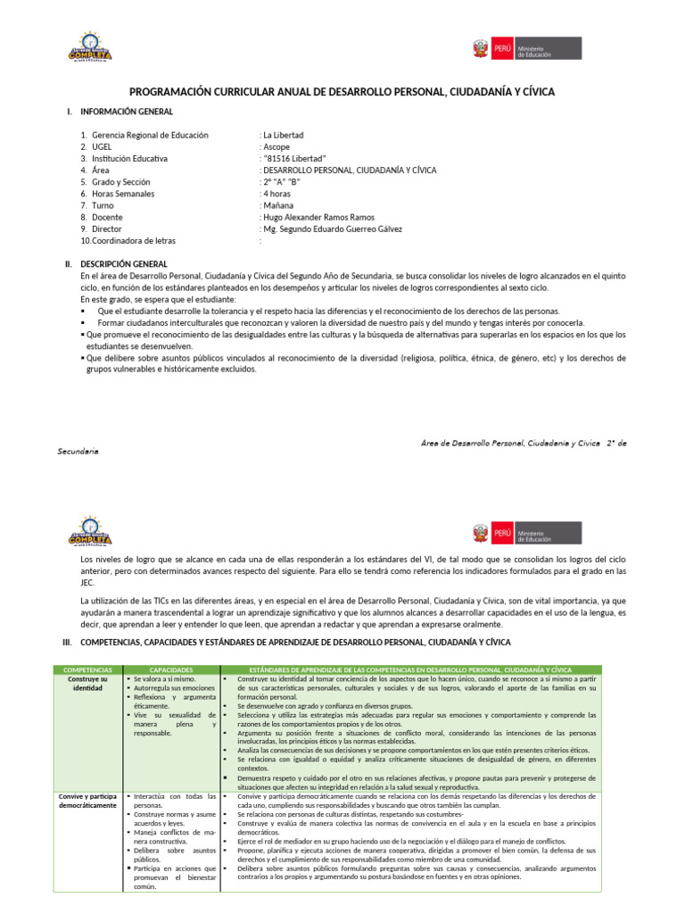 DPCC - Programacion Anual 2° A - B | PDF | Enseñando | Evaluación