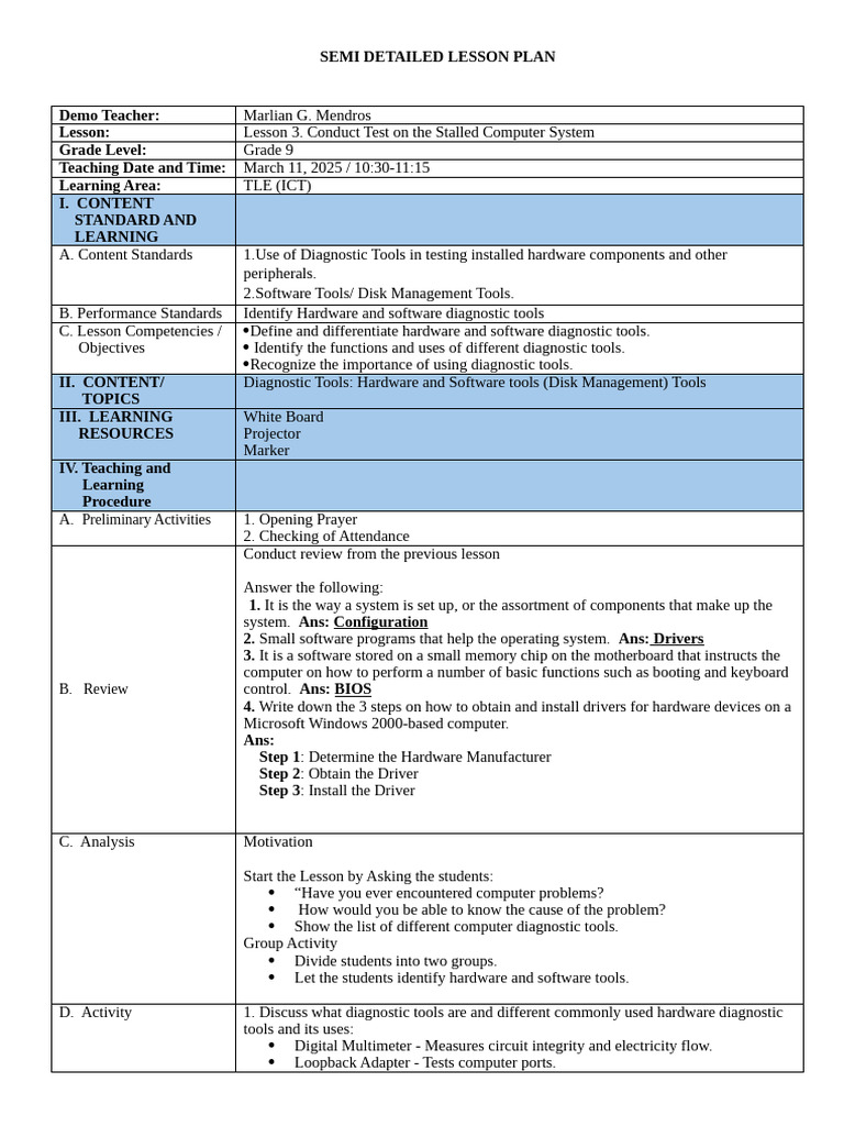 Semi-Detailed Lesson Plan in TLE (ICT) | PDF | Device Driver | Computer ...