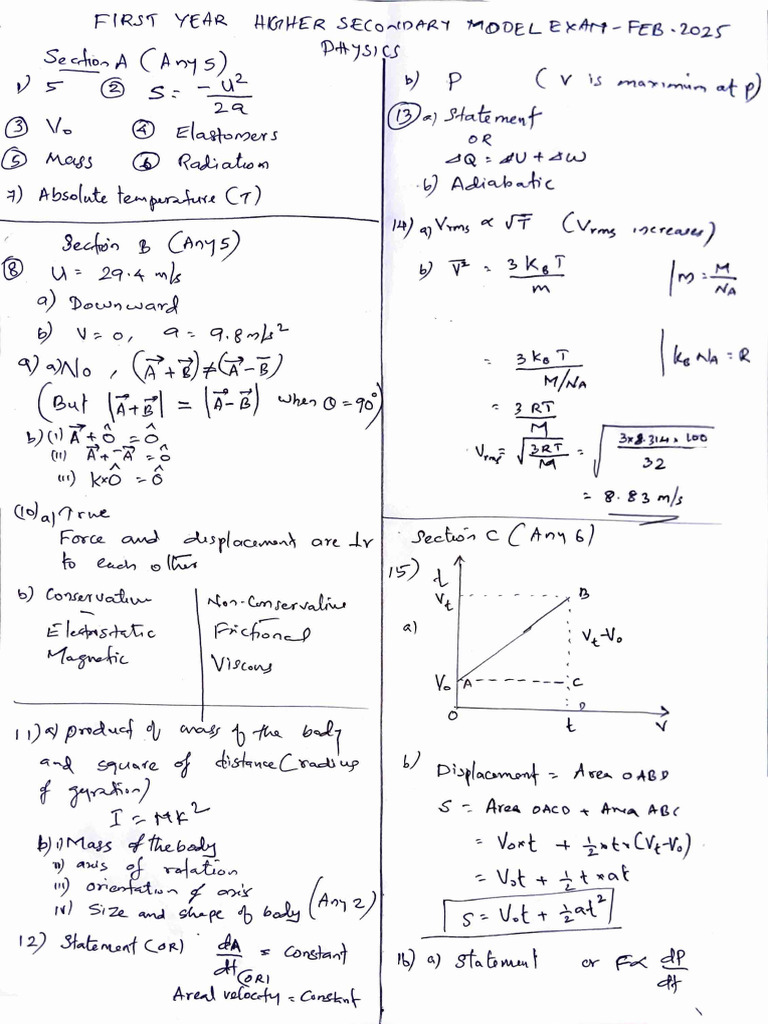 Plus One Model Exam 2025 Physics Answer Key | PDF