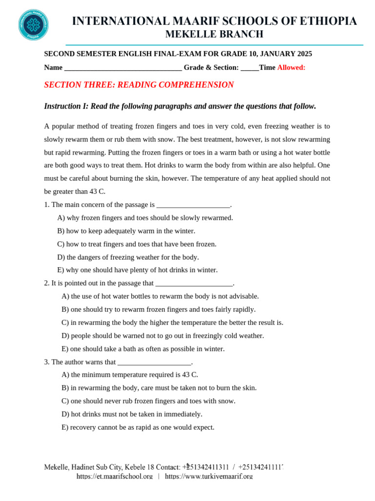 Grade 10 English Second Second Final Exam 2025 | PDF | Mountaineering ...