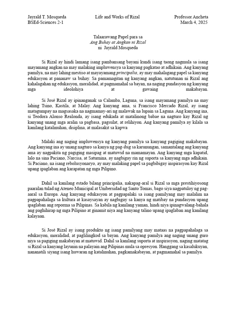 Talaarawang Papel Ang Angkan Ni Rizal | PDF