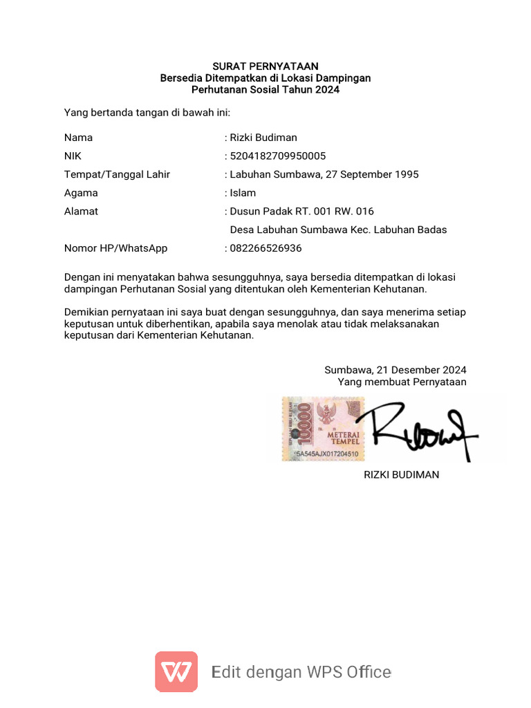 SURAT PERNYATAAN Rizki Budiman | PDF