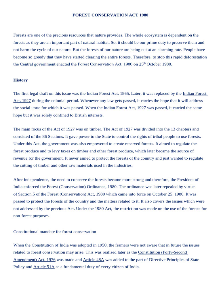 Forest Conservation Act 1980 Overview | PDF | Forests | Forest Management