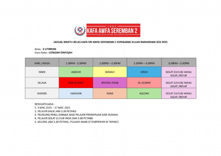 Jadual Waktu Kafa Bulan Ramadhan 2025 (3 Uthman) | PDF