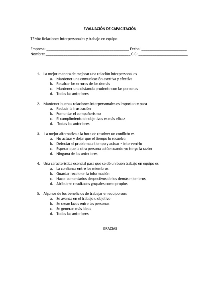 EVALUACIÓN DE CAPACITACIÓN Rel. Interpersonales y Trabajo en Equipo | PDF