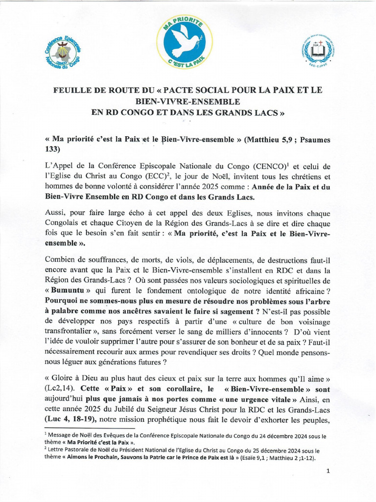 Feuille de Route Du Pacte Social Pour La Paix Et Le Bien-Vivre-Ensemble en RD Congo Et Dans Les ...