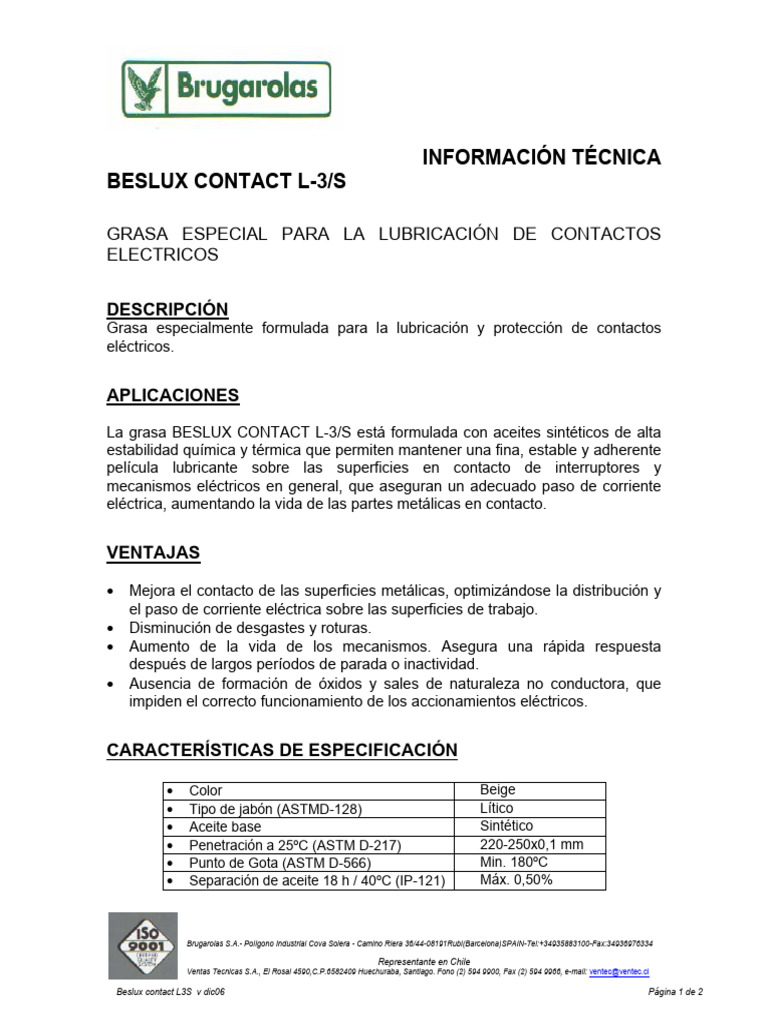 Grasa BESLUX CONTACT L-3/S para Contactos Eléctricos | PDF | Materiales