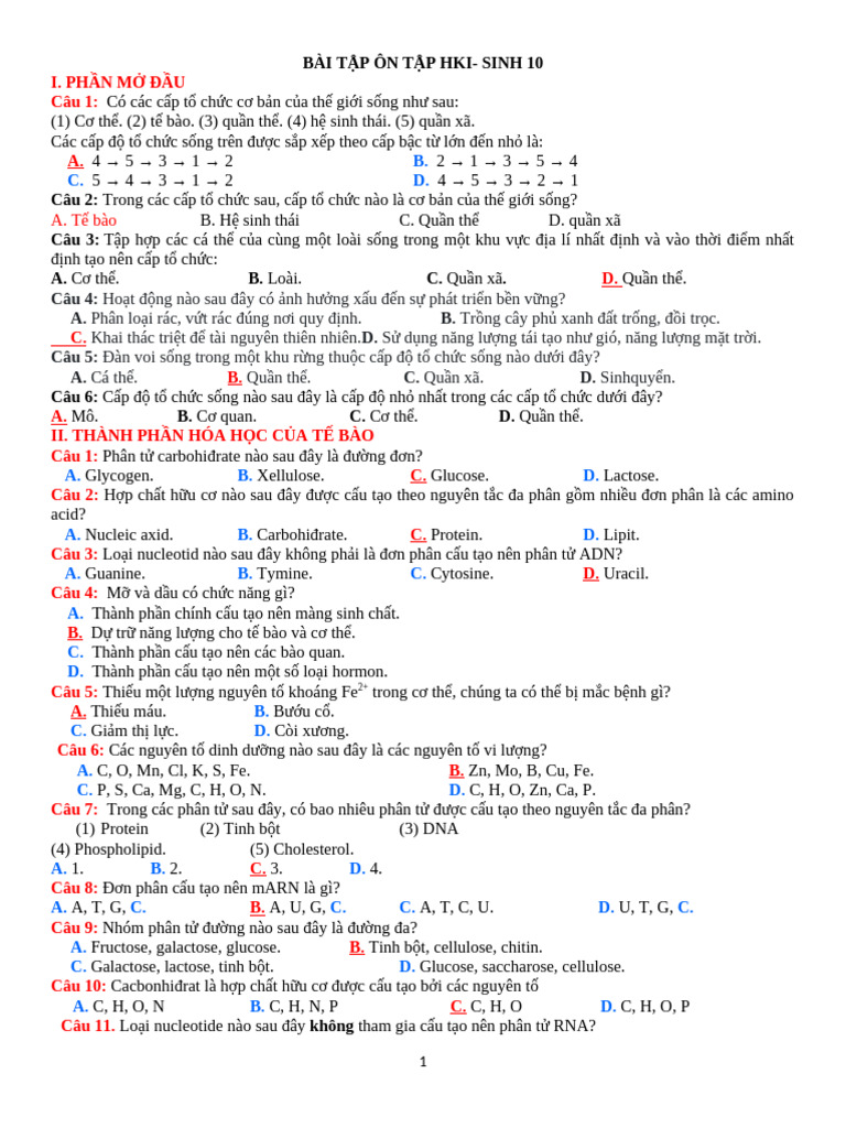Bài Tập Ôn Tập Hki- Sinh 10 | PDF