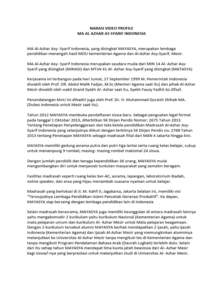 Narasi Video Profile Ma Al Azhar | PDF