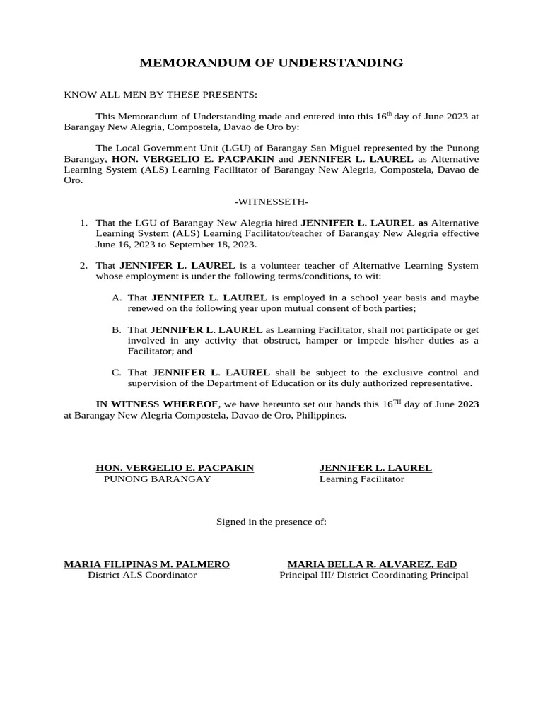 Memorandum of Understanding | PDF