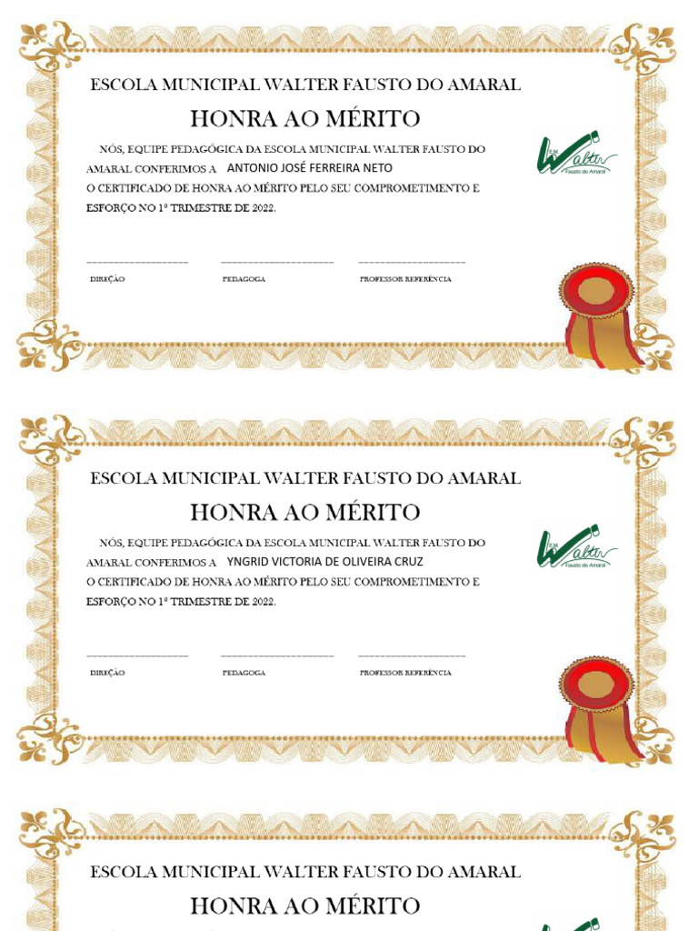 Certificado de Honra ao Mérito Escolar | PDF