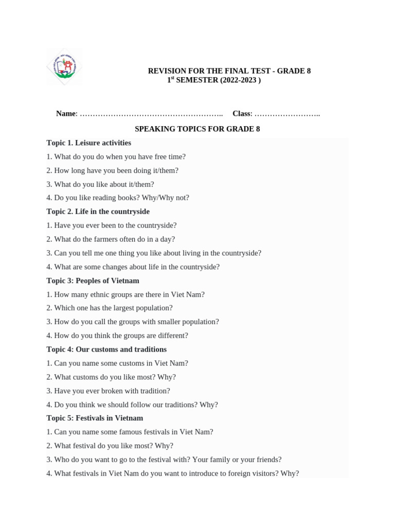 Grade 8 Speaking Topics Guide | PDF