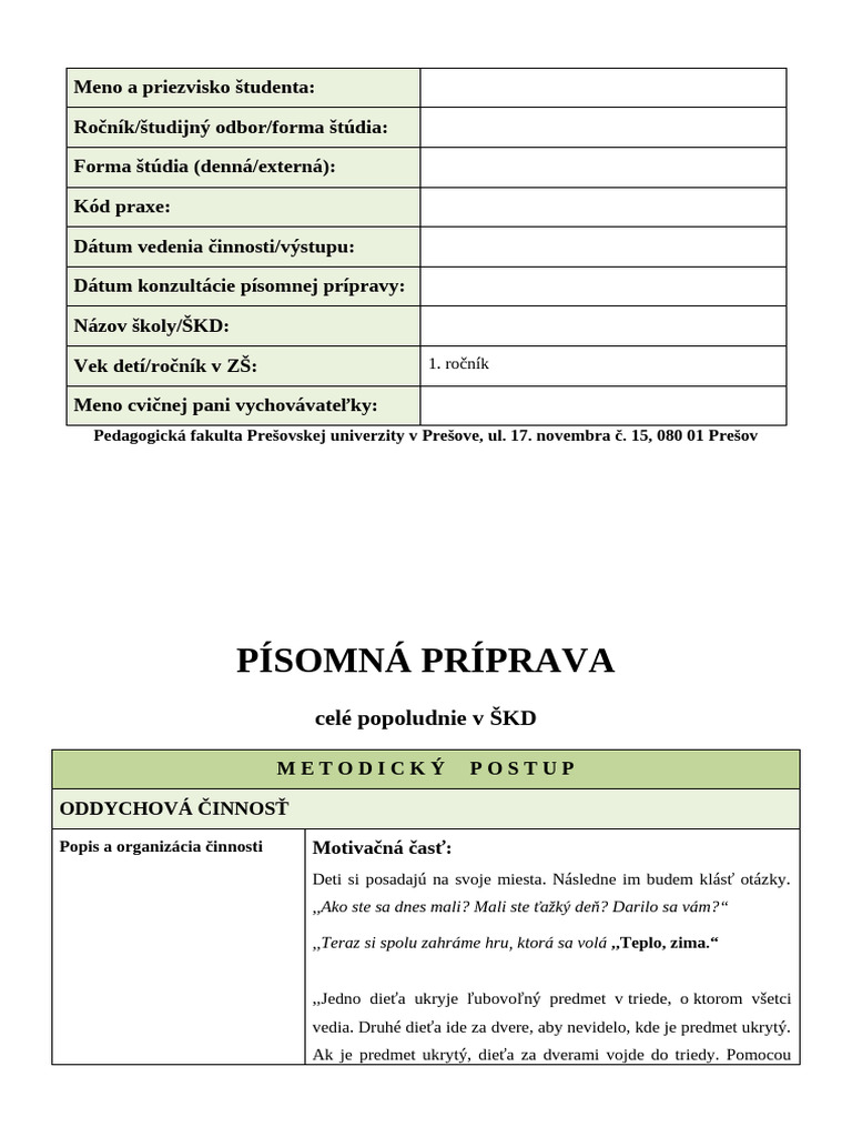 Písomná Príprava - ŠKD - 1 | PDF