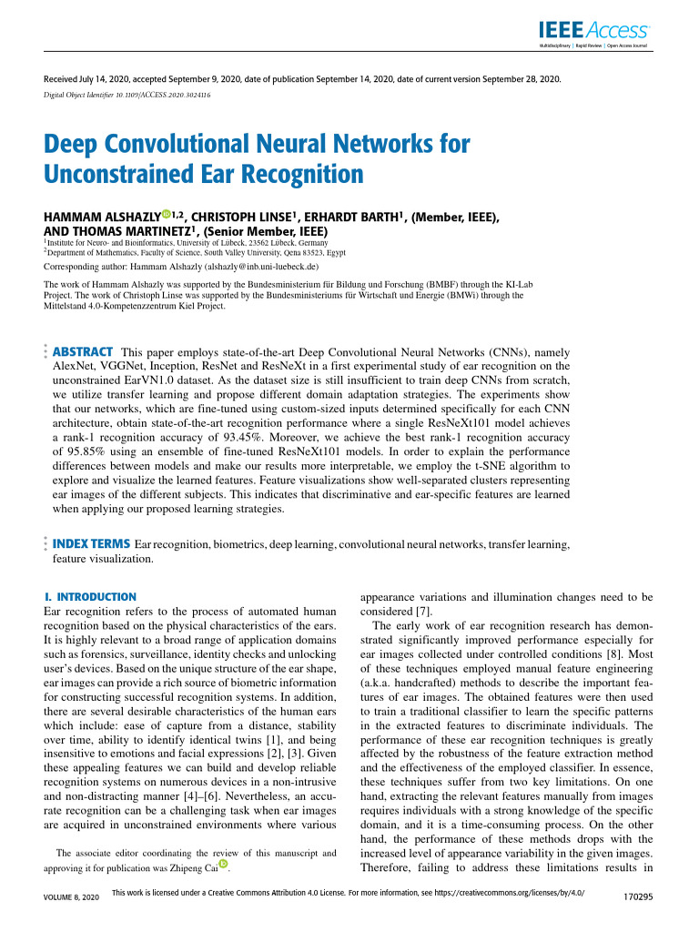 Deep Convolutional Neural Networks For Unconstrained Ear Recognition (2020) | PDF | Learning ...