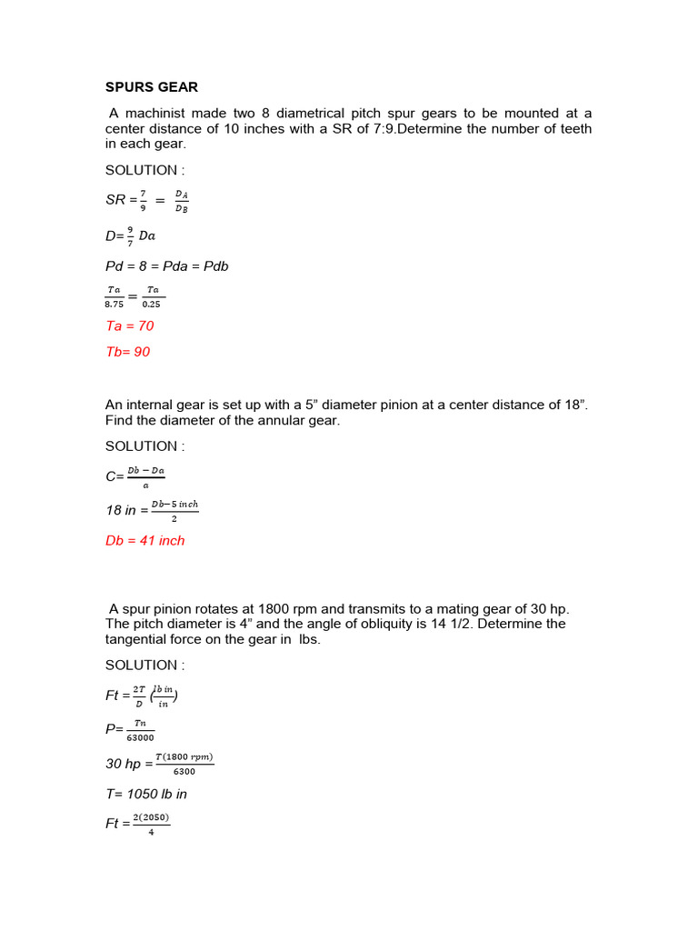 Spur Gear Calculations and Solutions | PDF | Gear | Friction