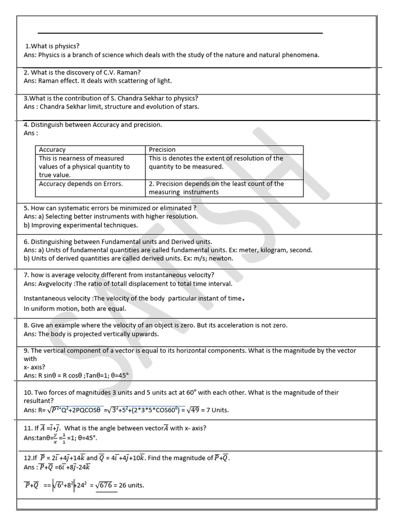 Junior Inter Physics Very Short Answer Questions and Problems (V.S.A-1 | PDF | Gases | Force