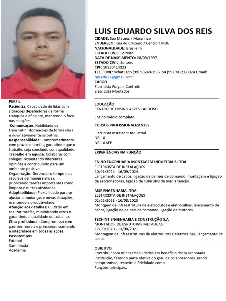 Currículo Luis Eduardo Silva Dos Reis3 | PDF | Eletricista | Engenharia