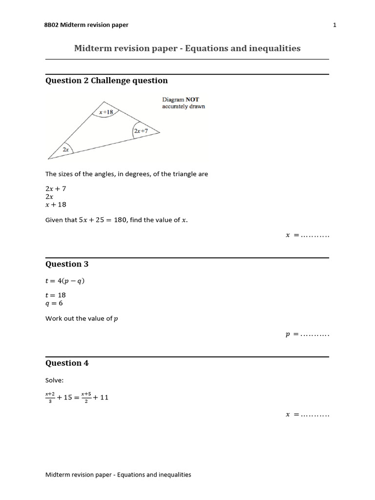 Midterm Revision Paper - Equations and Inequalities | PDF | Fahrenheit ...