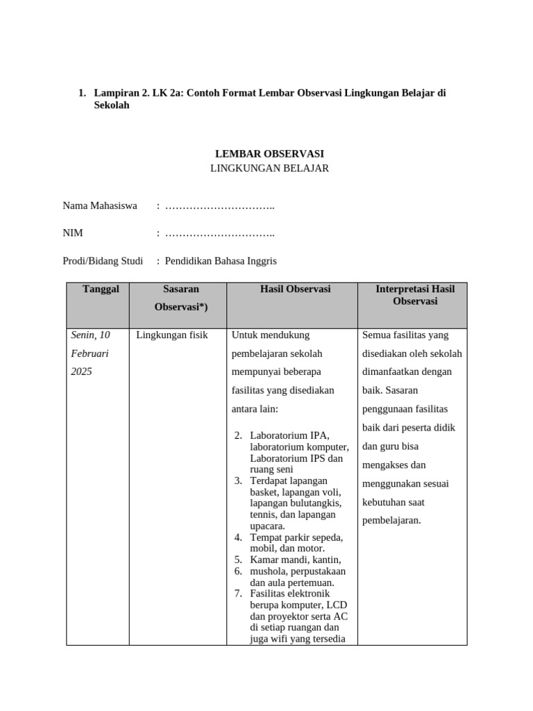Lampiran 2. LK 2a Lembar Observasi Lingkungan Belajar Di Sekolah - PPL1 | PDF