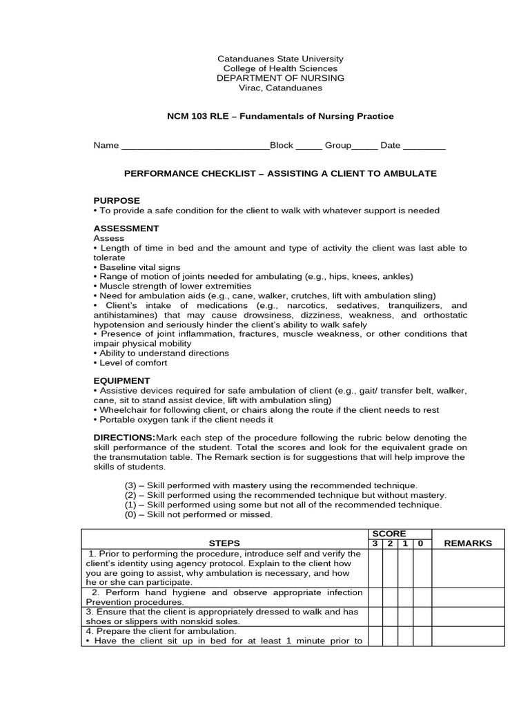 Assisting A Client To Ambulate Checklist | PDF | Walking | Wheelchair