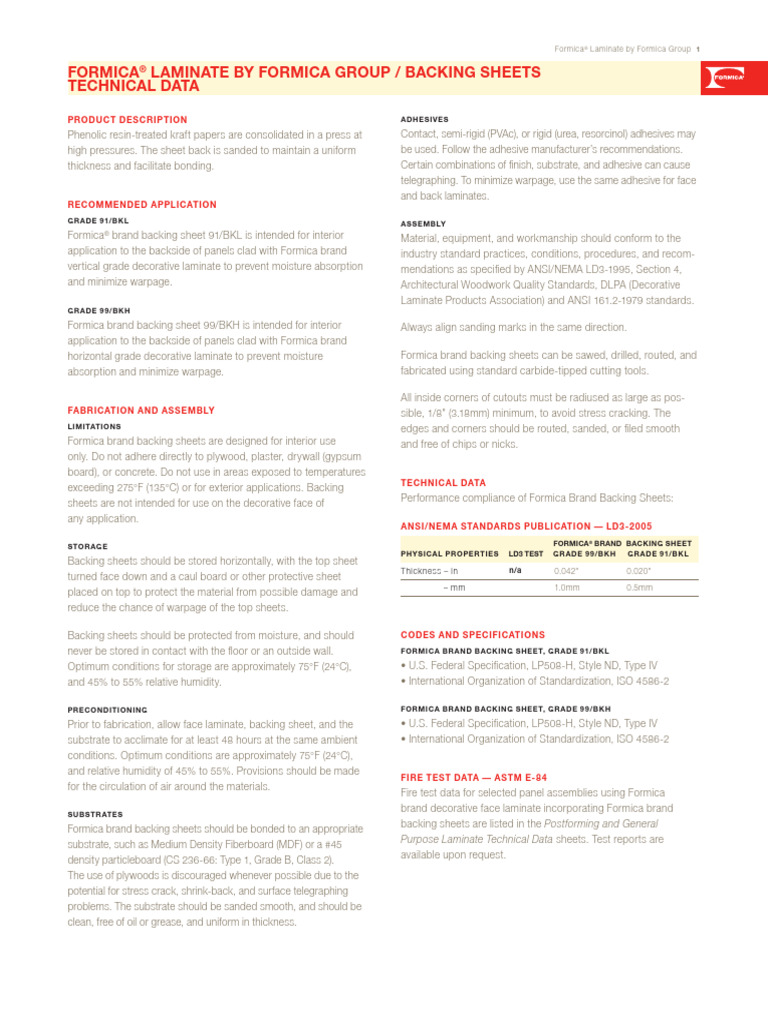 Formica® Backing Sheets Technical Guide | PDF | Lamination | Adhesive